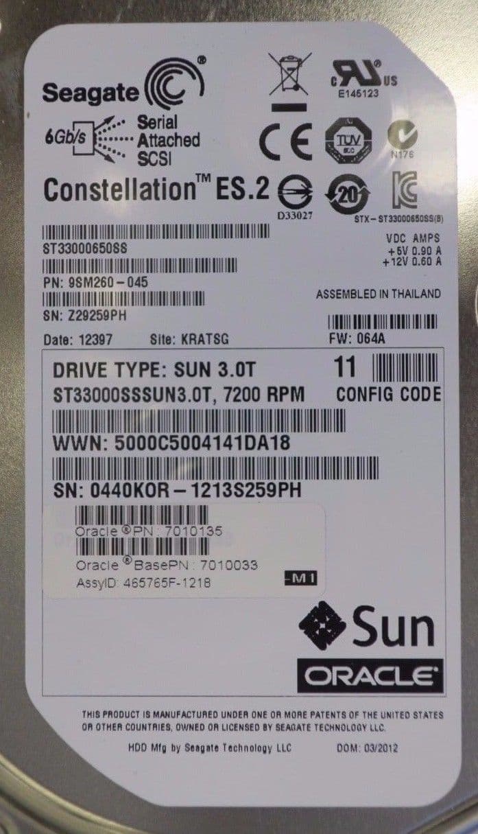 Sun Oracle 3TB 7 2K SAS 3 5" ST33000SSSUN3 0T 7010135 7010033 Hard Drive Caddy