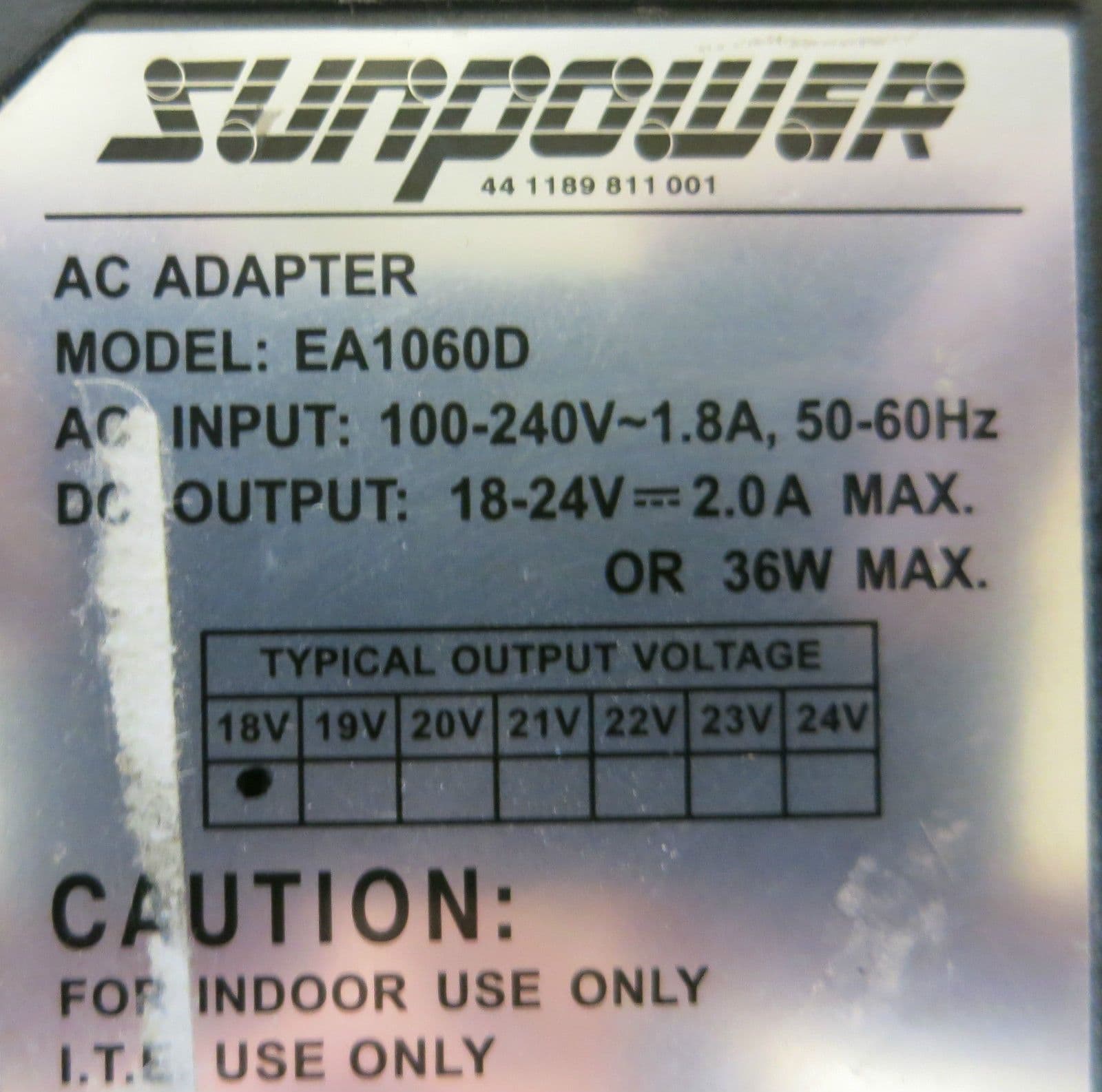 Sunpower EA1060D Desktop AC Power Adapter 36 Watt 18-24 Volts 2 Amps