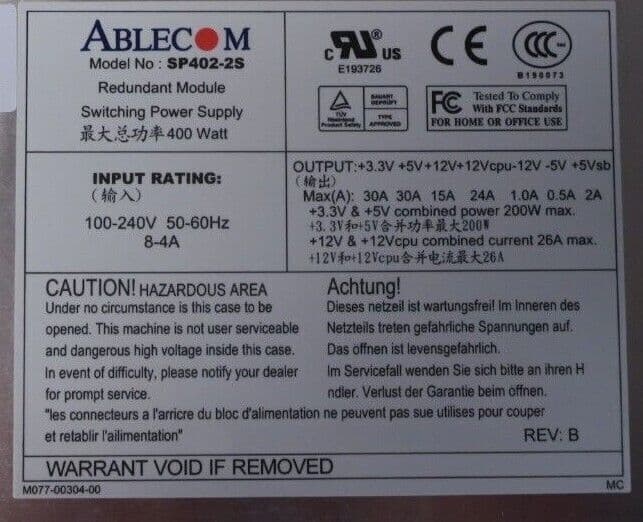 Supermicro Ablecom 400W 2U Redundant Hot-Swap Power Supply PSU SP402-2S ...