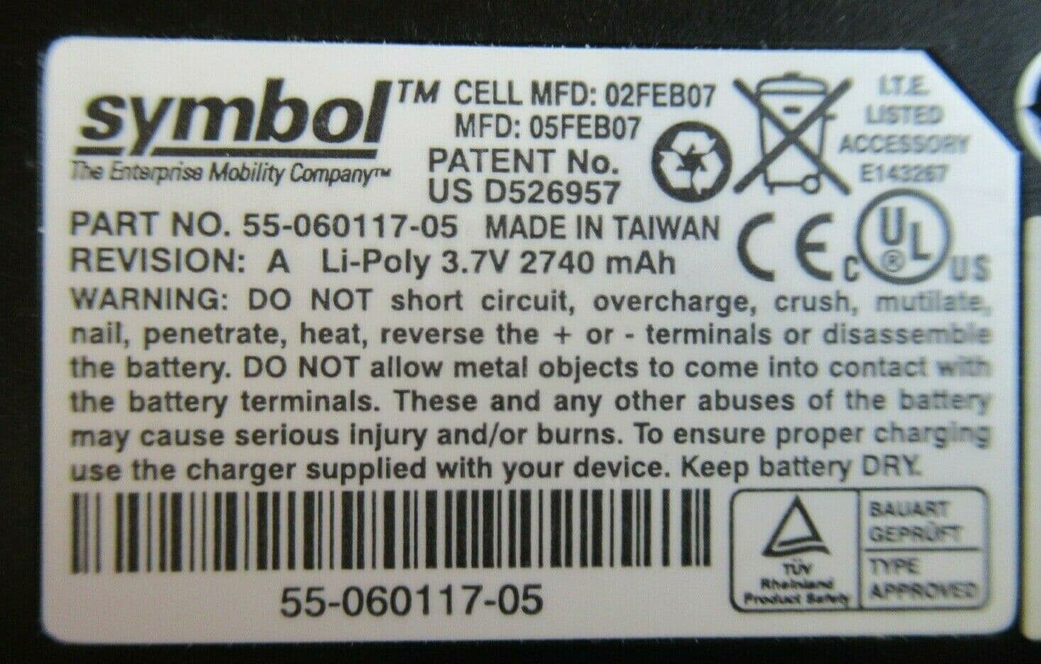 Symbol 55-060117-05 Li-Poly Rechargeable Battery 3 7V 2740mAh For ...