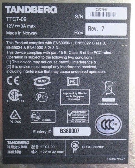 Tandberg 3000MXP Codec TTC7-09 PAL HD TelePresence Video Conferencing ...