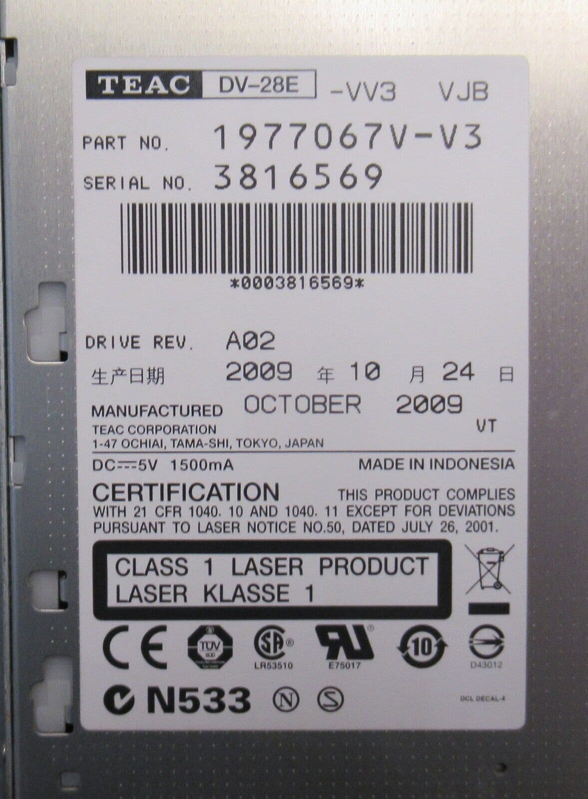 Teac DV-28E 1977067v-v3 Internal Slimline 8X DVD-ROM Optical Drive