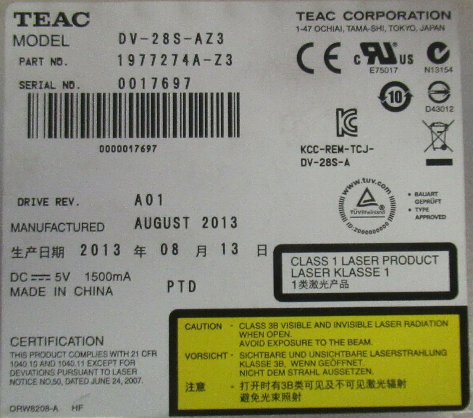 TEAC DV-28S-AZ3 Slimline DVD-ROM Drive Supermicro Bracket Backplane AA ...