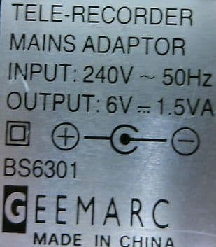 Tele-Recorder AC Power Adapter 6V 1 5VA UK 3 Pin - Model BS6301