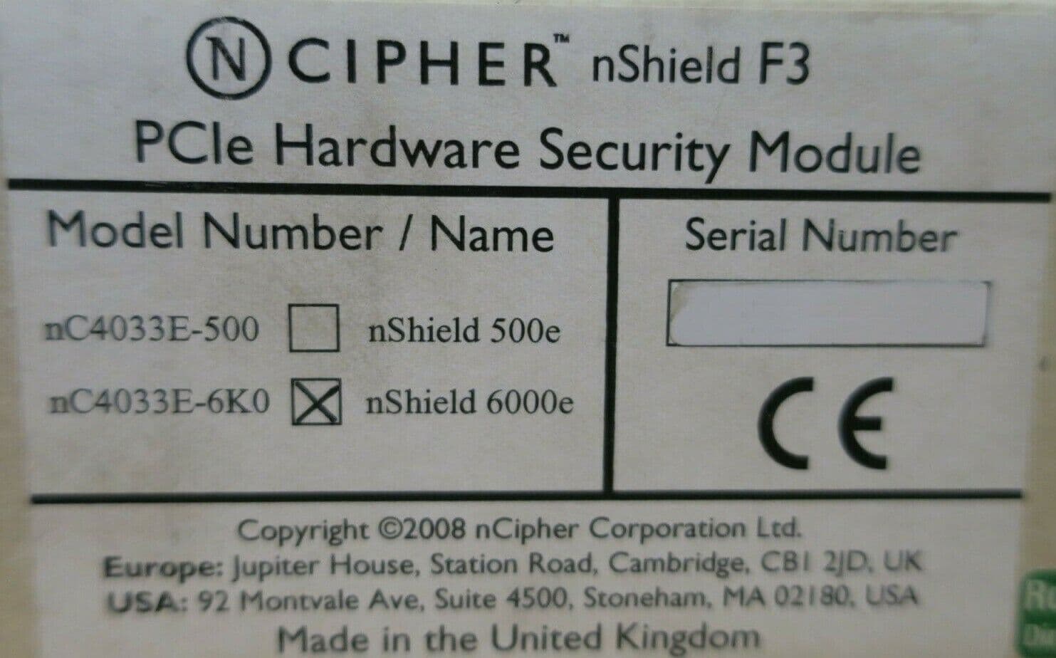 Thales nCipher NC4033E-6K0 nShield F3 PCIe Hardware Security Module
