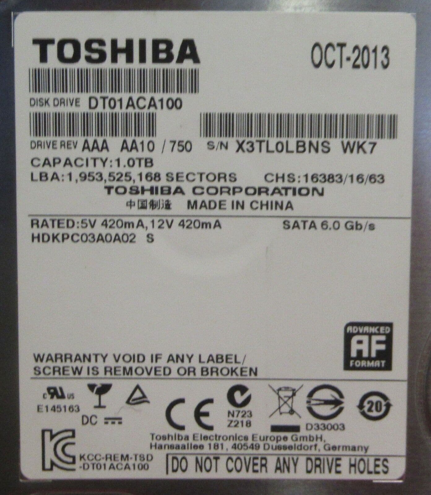 Toshiba DT01ACA100 1TB 7200RPM 6Gb/s 3 5" SATA 32MB Cache HDD Hard Drive