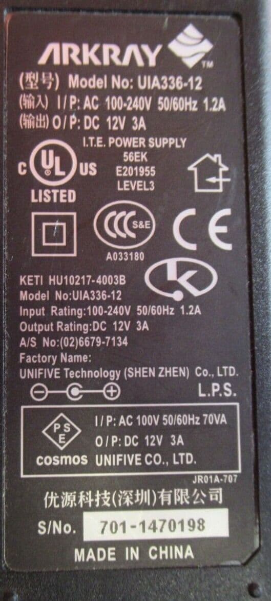 Unfive Technology Shen Zhen UIA336-12 AC Power Adapter 36W 12V 3A