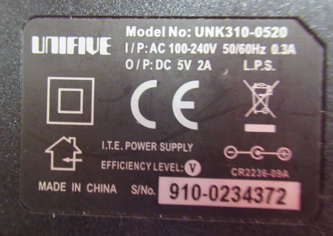 Unfive UNK310-0520 UK 3-Pin Plug AC Power Adapter 10W 5V 2A