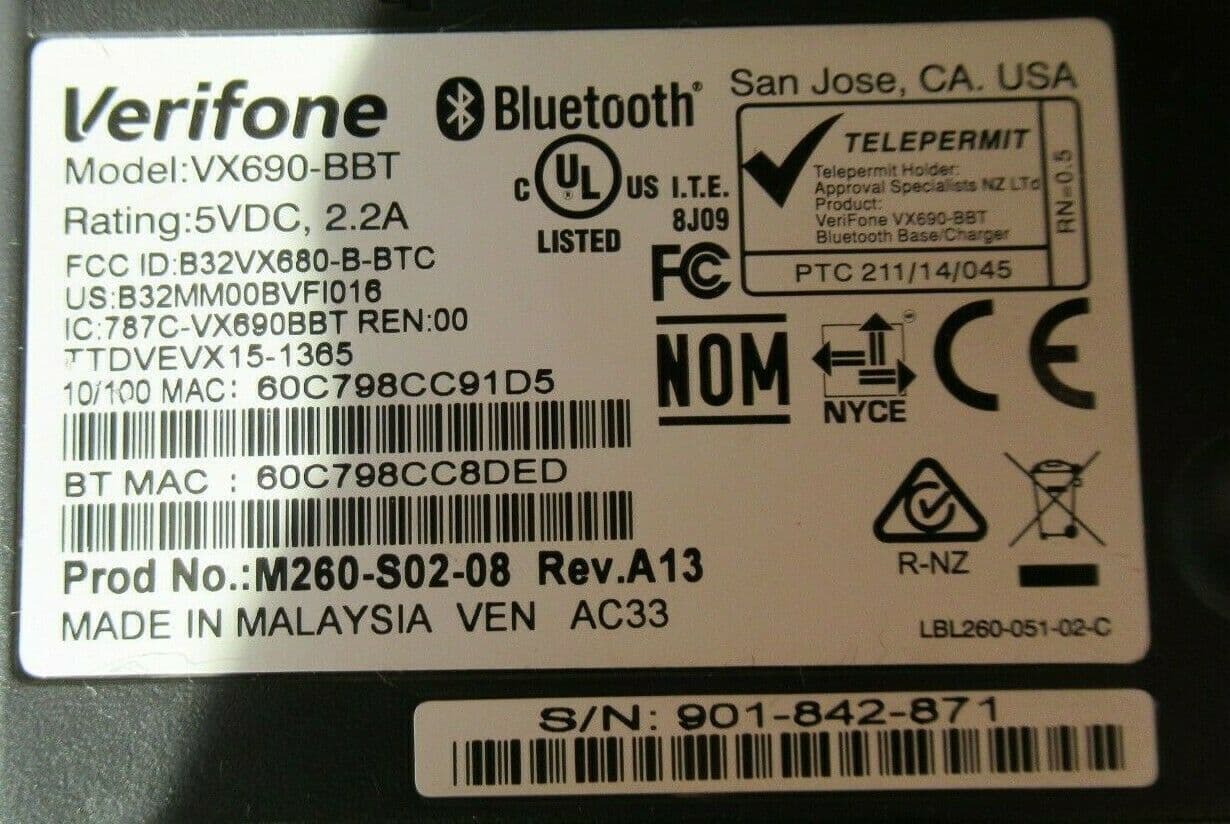 Verifone M260-S02-08 VX690-BBT Credit Card Terminal Bluetooth ...