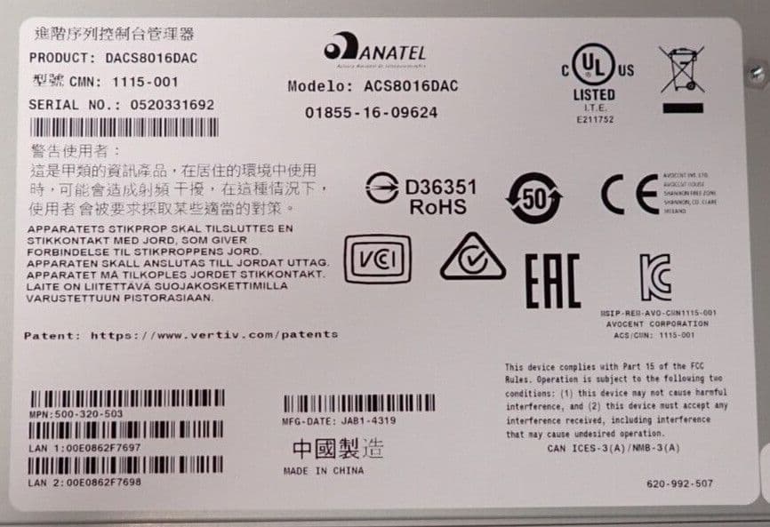 Vertiv Avocent ACS8000 16-Port Console Server DAC Dual AC PSU ACS8016DAC