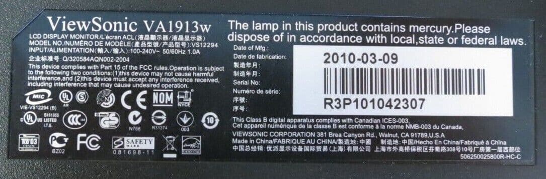 ViewSonic VA1913W 19" Black LCD TFT LED Flat Screen PC Monitor VGA