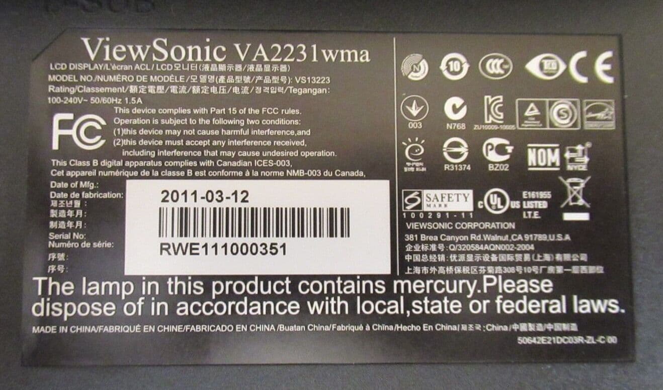 ViewSonic VA2231WMA VS13223 21 5" LCD TFT LED HD Widescreen Monitor VGA