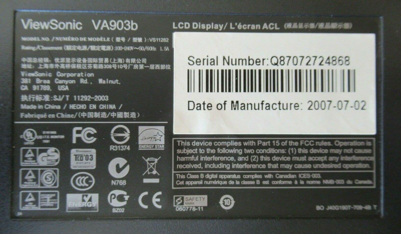 ViewSonic VA903B VS11282 19" Black LCD TFT Flat Screen Monitor VGA