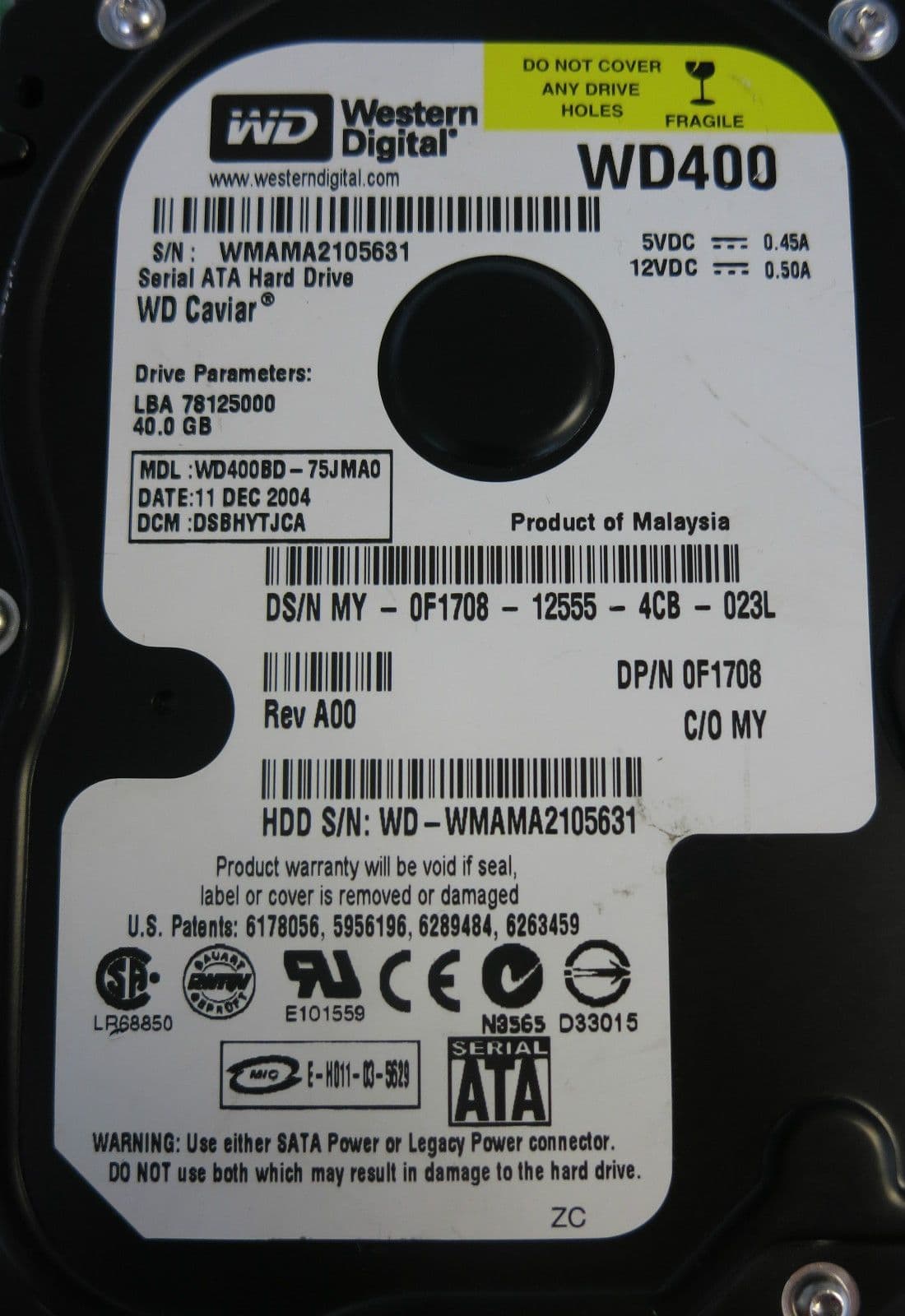 Western Digital Caviar 40GB WD400BD-75JMA0 72K RPM SATA Internal Hard Drive