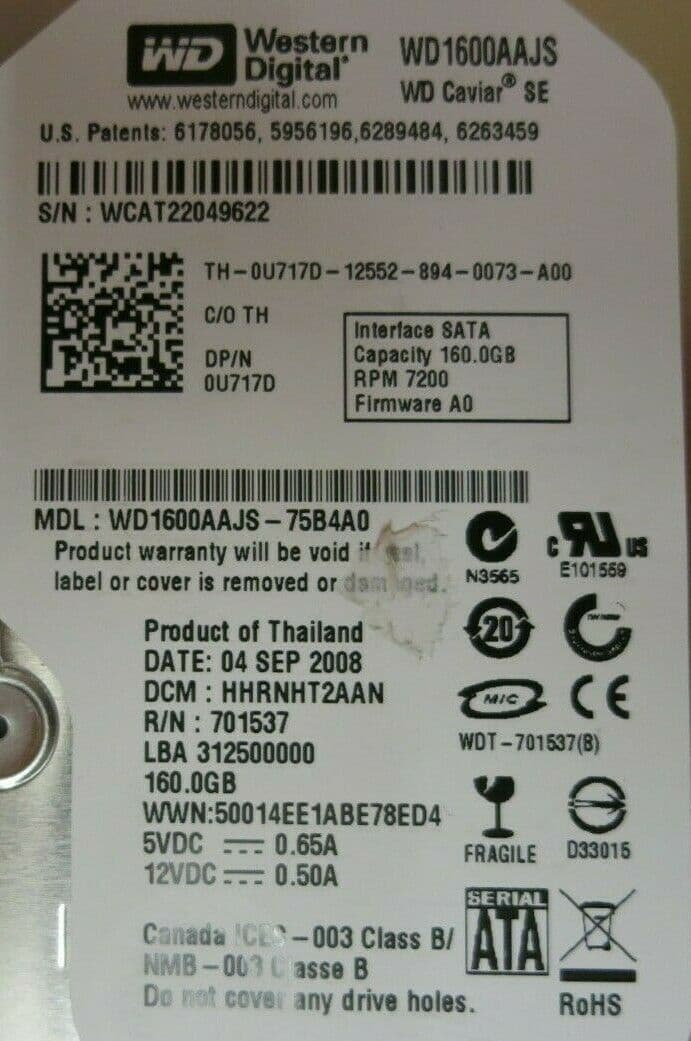 Western Digital WD1600AAJS U717D Caviar Blue 160GB 7200RPM SATA 8MB 3 5 ...