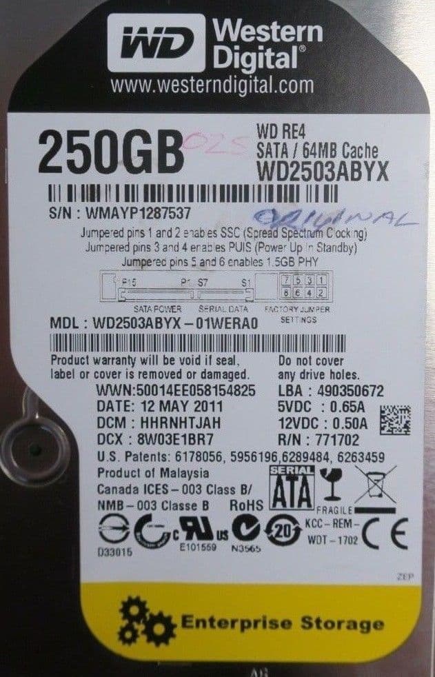 Western Digital WD2503ABYX 3 5" 250GB 7 2K Hard Drive HDD In Supermicro ...