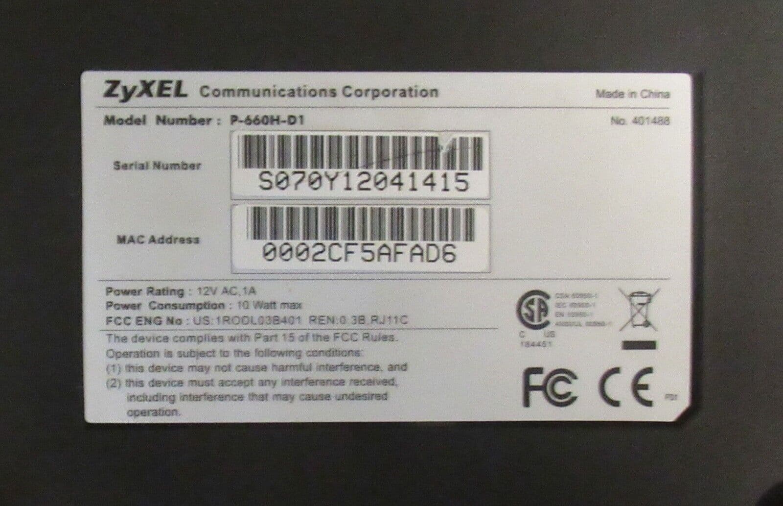 ZyXEL Communications P-660H-D1 Series 4-Port ADSL Router Modem AC Adapter