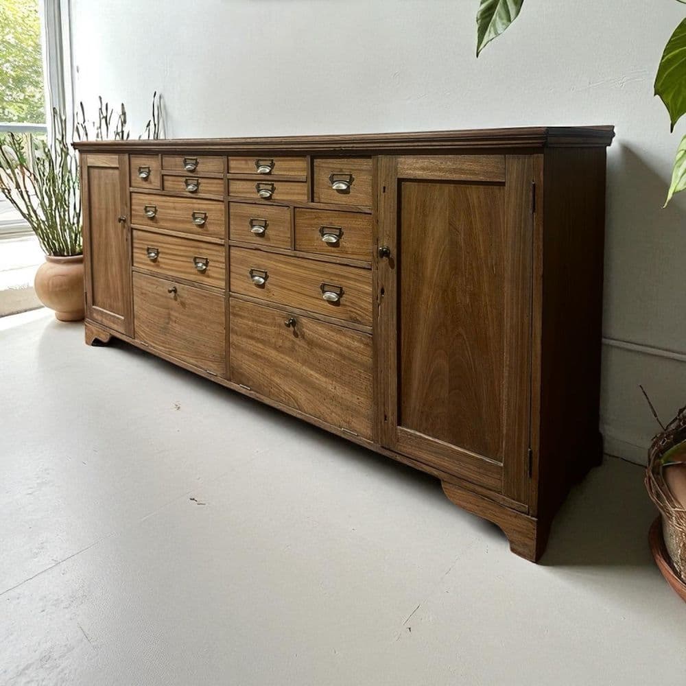 Huge Antique Edwardian Stripped Mahogany Apothecary Sideboard Shop Counter