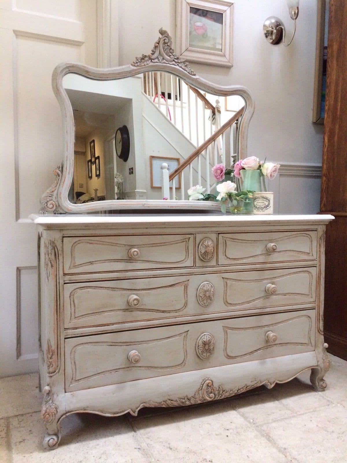 Pretty Marble Top Dressing Table French Style Louis XV Painted Grey Chest Of Drawers