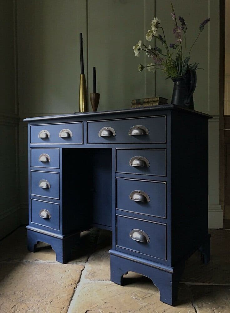 Small Vintage Mahogany Painted Navy Blue Kneehole Pedestal Desk ...
