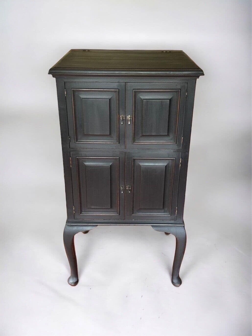 Vintage Solid Mahogany Lift Top Black Painted Music Stereo Cupboard Cabinet