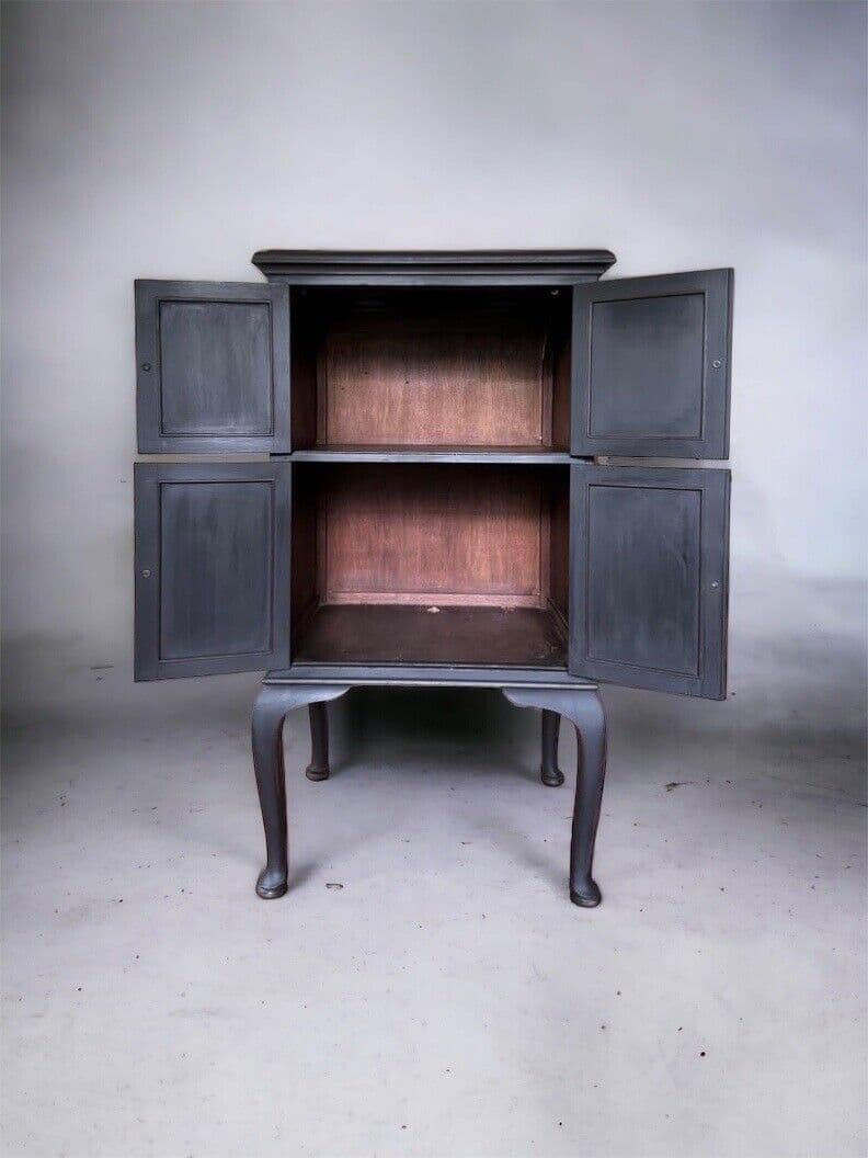 Vintage Solid Mahogany Lift Top Black Painted Music Stereo Cupboard Cabinet