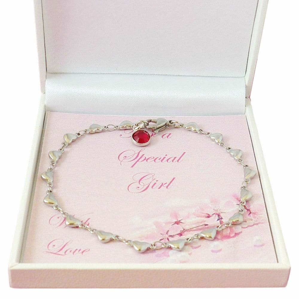 Birthstone Bracelet with Heart Link Chain, Happy Birthday| Jewels 4 Girls