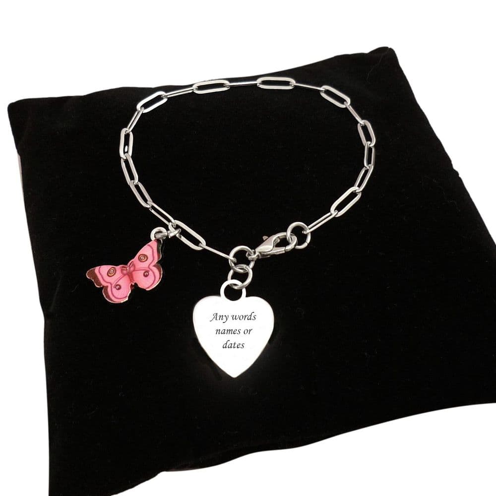 Engraved Bracelet for Girls with Pink Butterfly Charm, Delicate ...