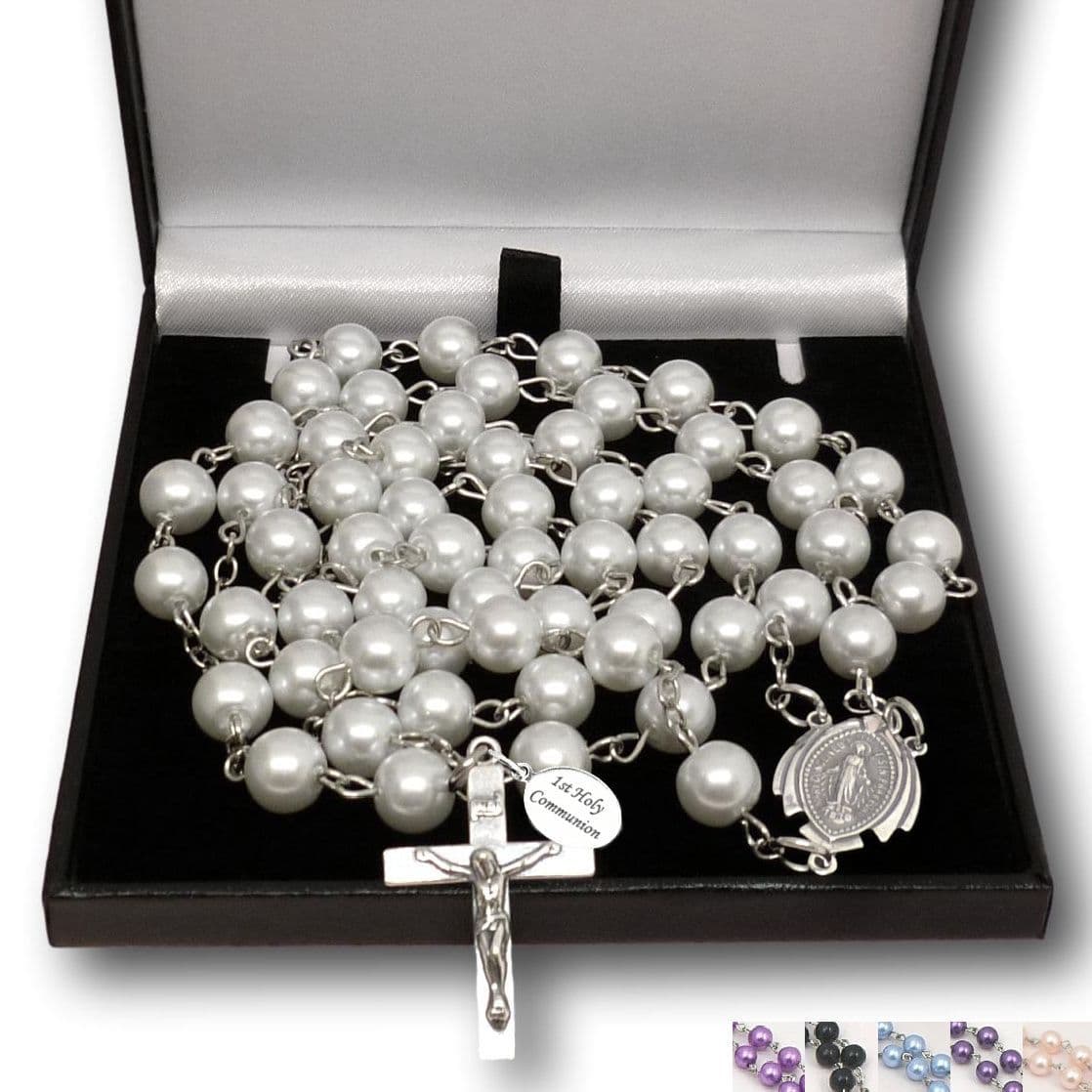 Engraved, Pearl Rosary Beads with 925 Sterling Silver Mary Centre and ...