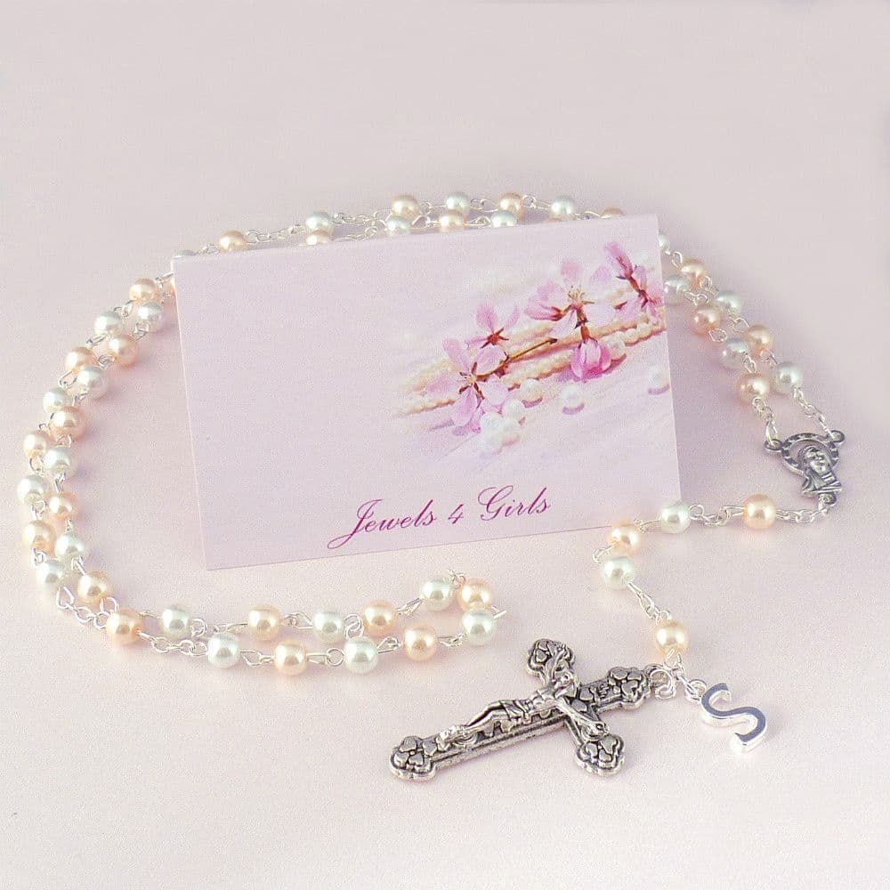 First Communion Rosary Beads with Letter Charm, 6mm | Jewels 4 Girls