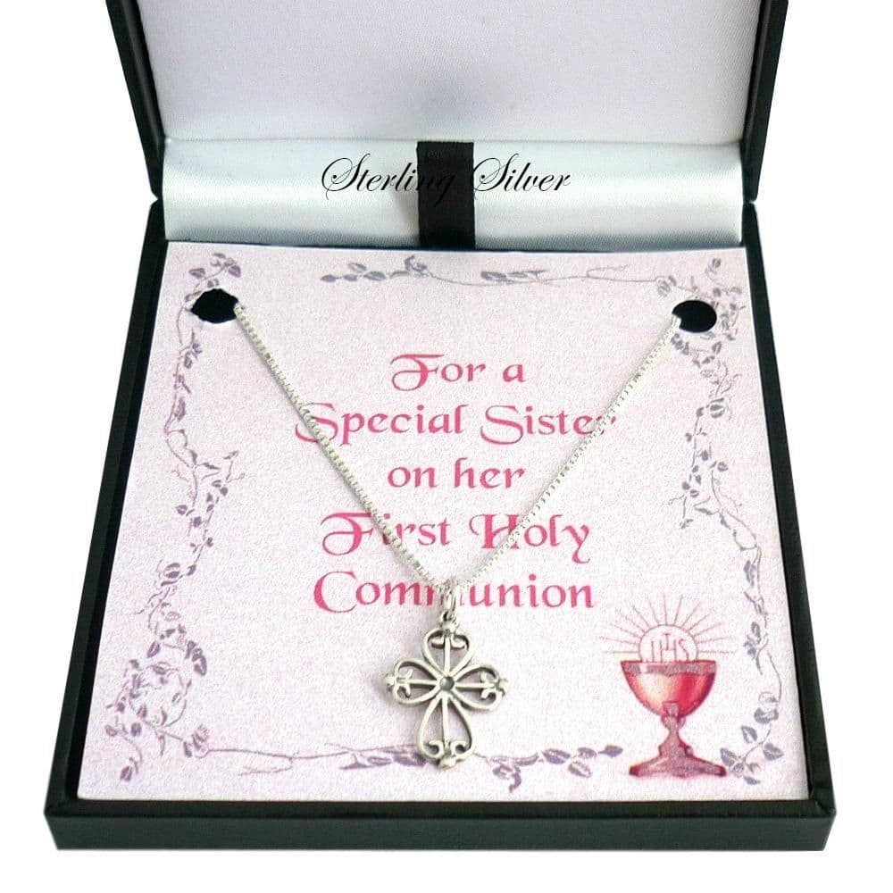 First Holy Communion Necklace with Ornate Cross, Sterling Silver ...