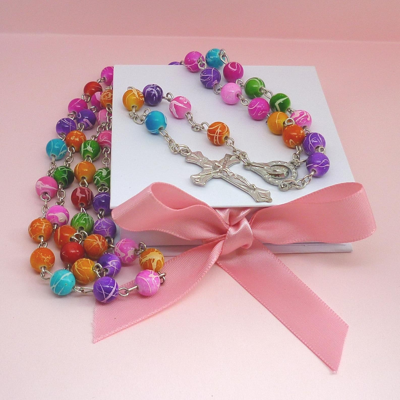 Multi Coloured Rosary Beads, Virgin Mary Centrepiece, Crucifix Cross ...