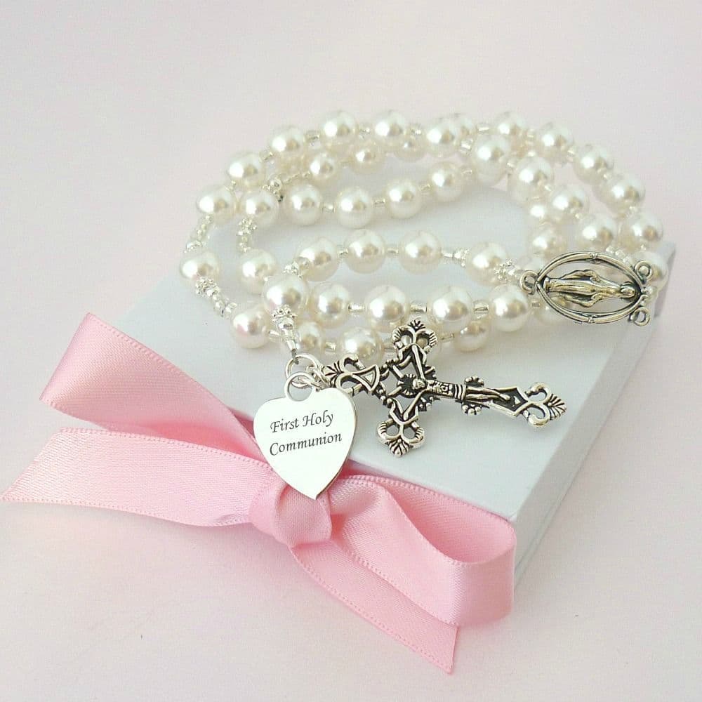Pearl Rosary with Engraved Heart, Many Colours | Jewels 4 Girls