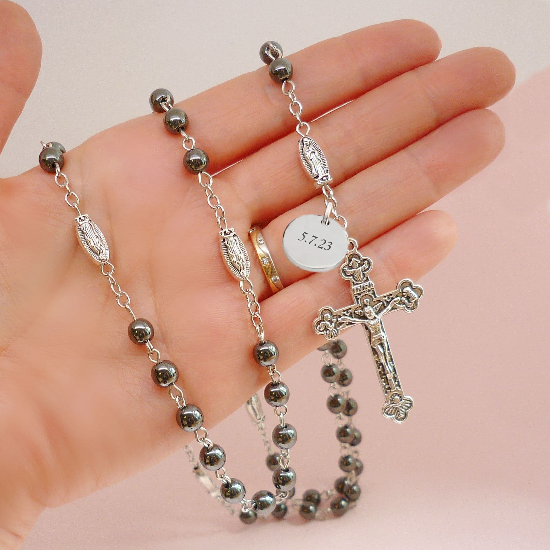 Personalised, First Holy Communion Hematite Rosary Beads, Engraved ...