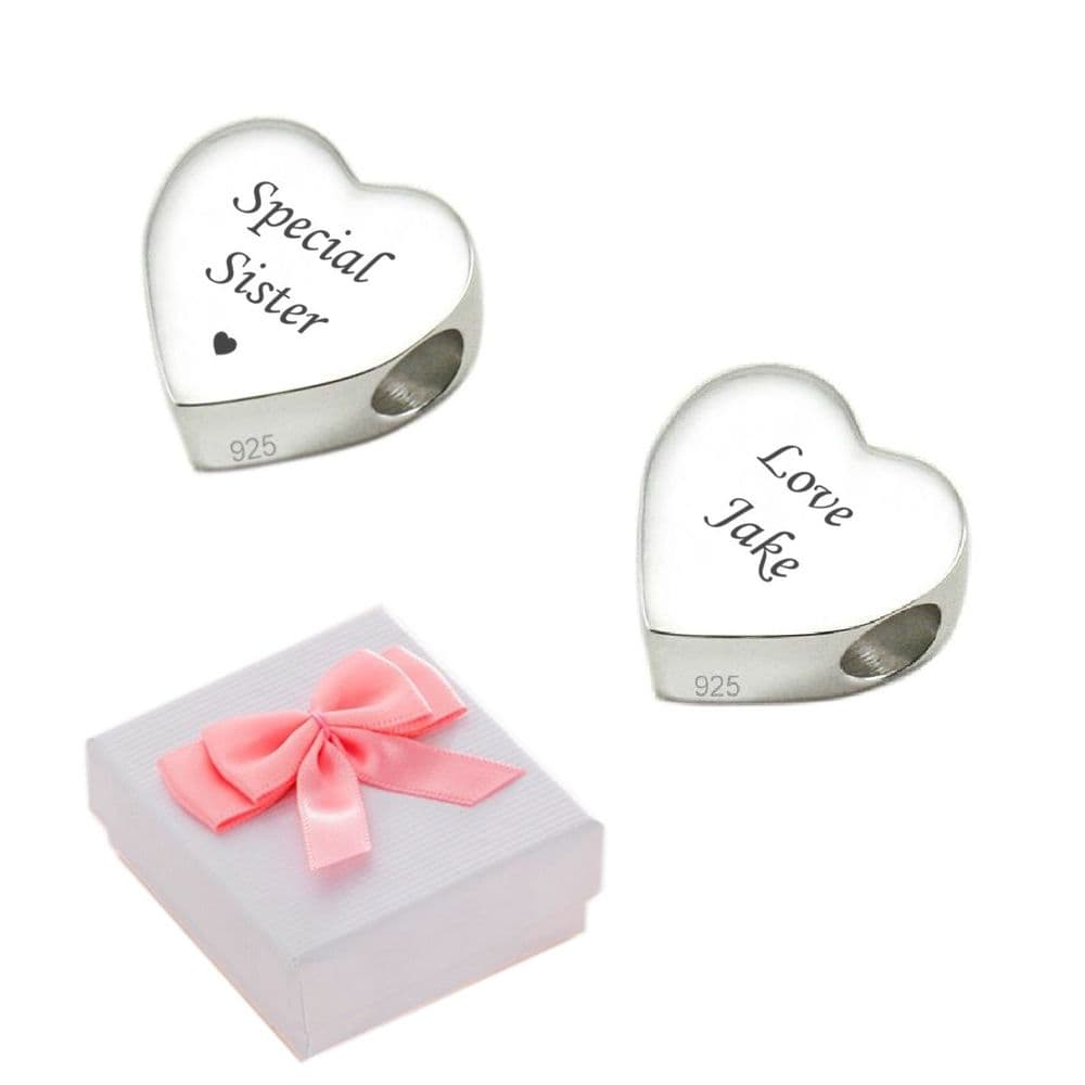 Personalised Sterling Silver Heart Charm Bead, Engraved | Jewels 4 Girls