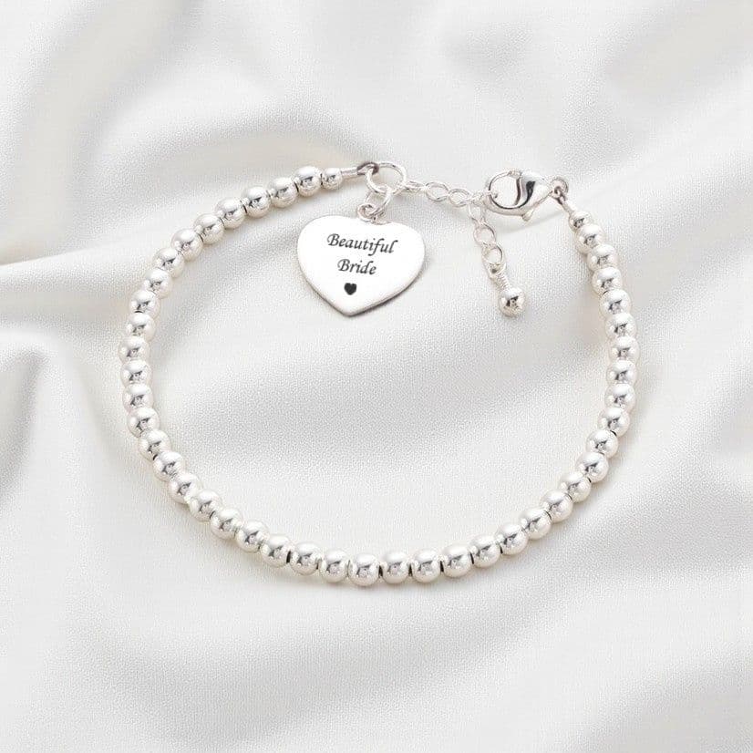 Simple Silver Beads Bracelet for Bride with Personalised Engraving ...