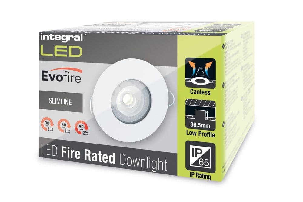 EVOFIRE FIRE RATED DOWNLIGHT 70MM CUTOUT IP65 WHITE ROUND GU10 HOLDER INTEGRAL