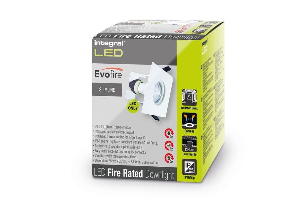 EVOFIRE FIRE RATED DOWNLIGHT 70MM CUTOUT IP65 WHITE SQUARE GU10 HOLDER ...