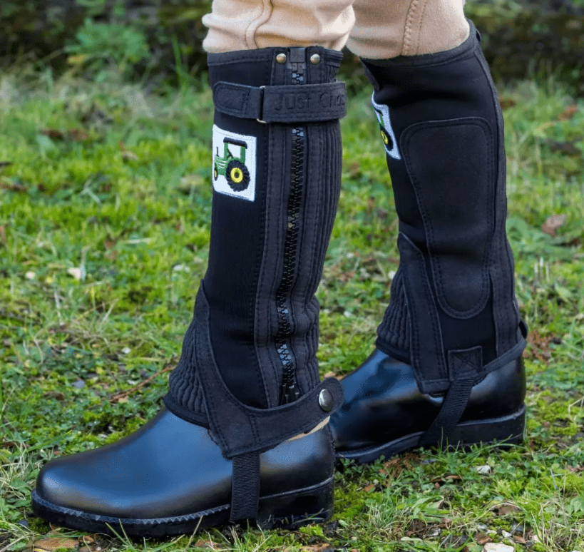 Just Chaps in Black with Green Tractor Motif