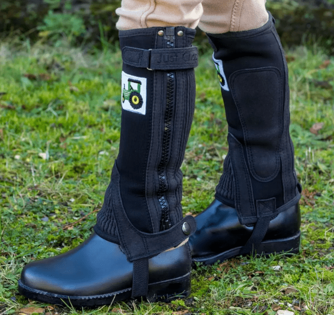 Just Chaps in Black with Green Tractor Motif