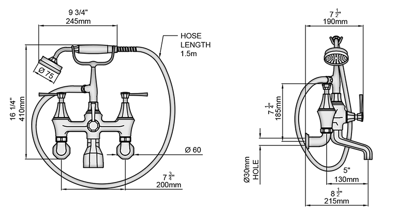 3110/1 Perrin & Rowe Deco Wall Mounted Lever Bath / Shower Mixer Tap ...