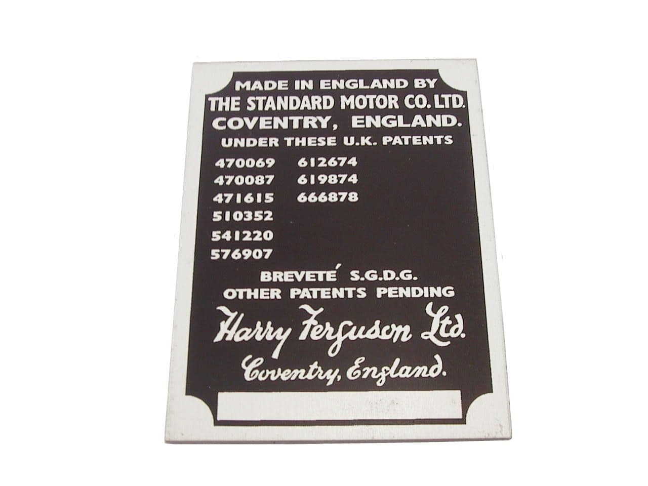Harry Ferguson Ltd TE20 Serial Plate earlier version