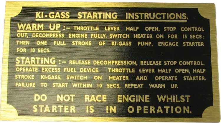 Ki-Gas starting instruction Plate inc rivets