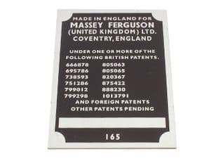 Massey Ferguson 165 Serial Plate