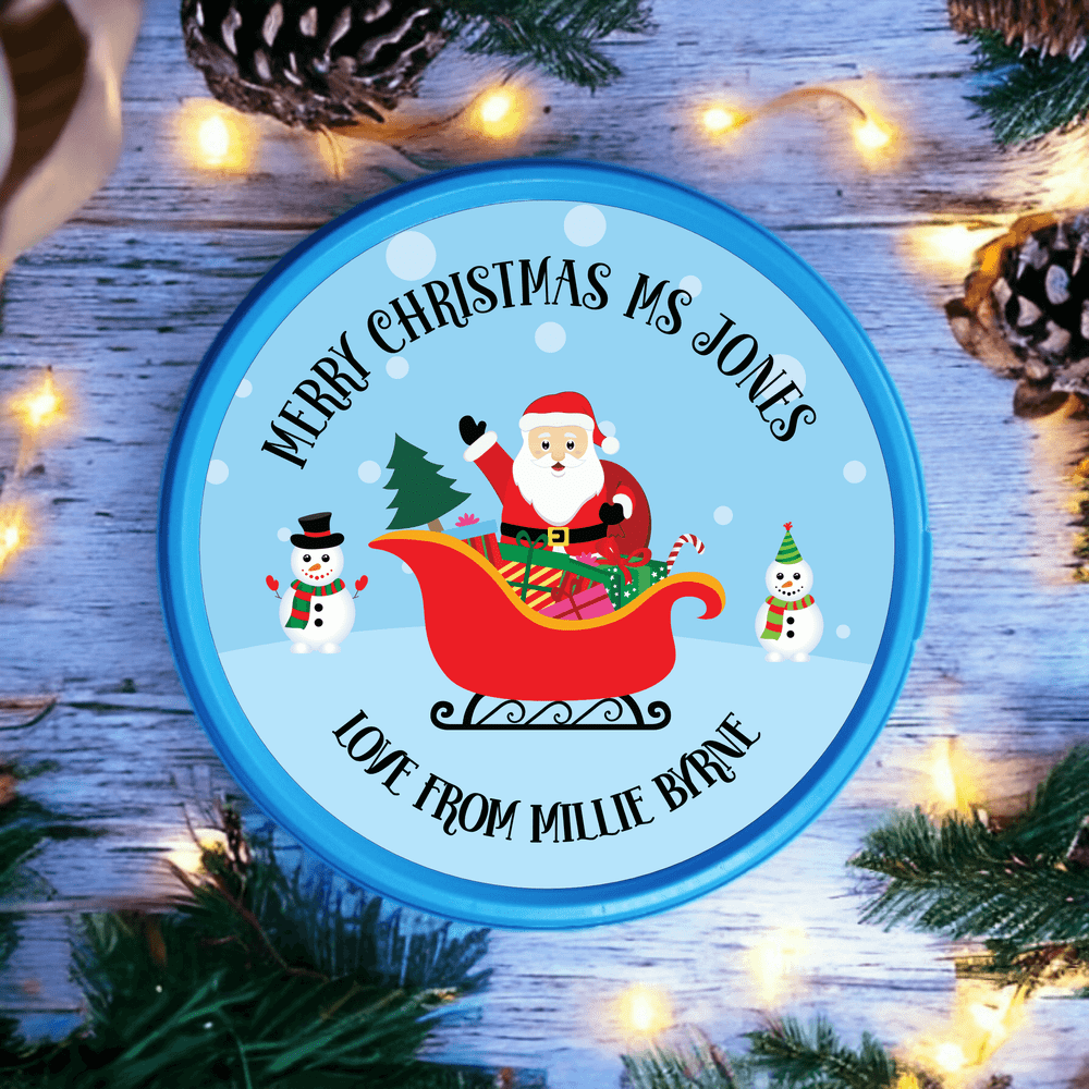 Blue Santa & Sleigh Circle Sweet Tub Sticker