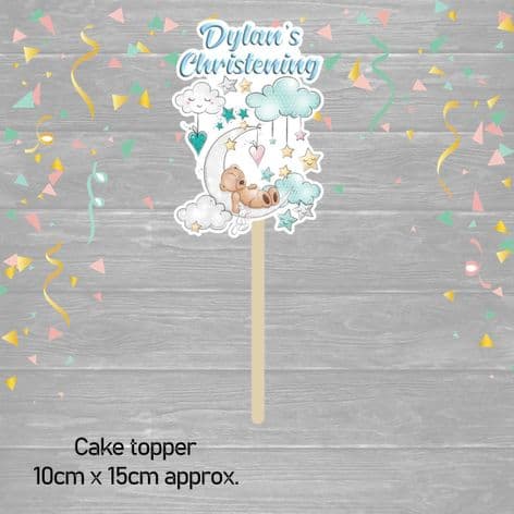 Blue Sleeping Teddy Christening Cake Topper