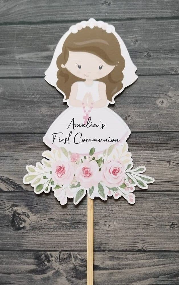 Floral Base Communion Girl Cake Topper