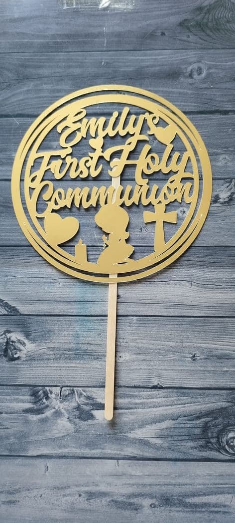Gold Mirror Name & Kneeling Communion Girl or Boy Cake Topper