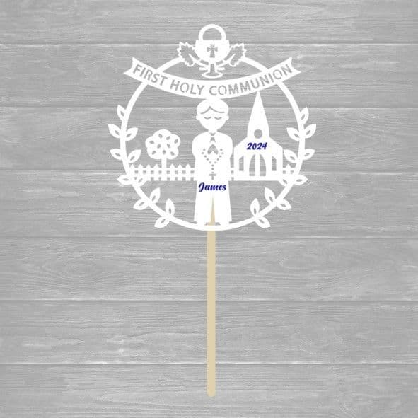 Intricate Cut Communion Standing Boy Cake Topper
