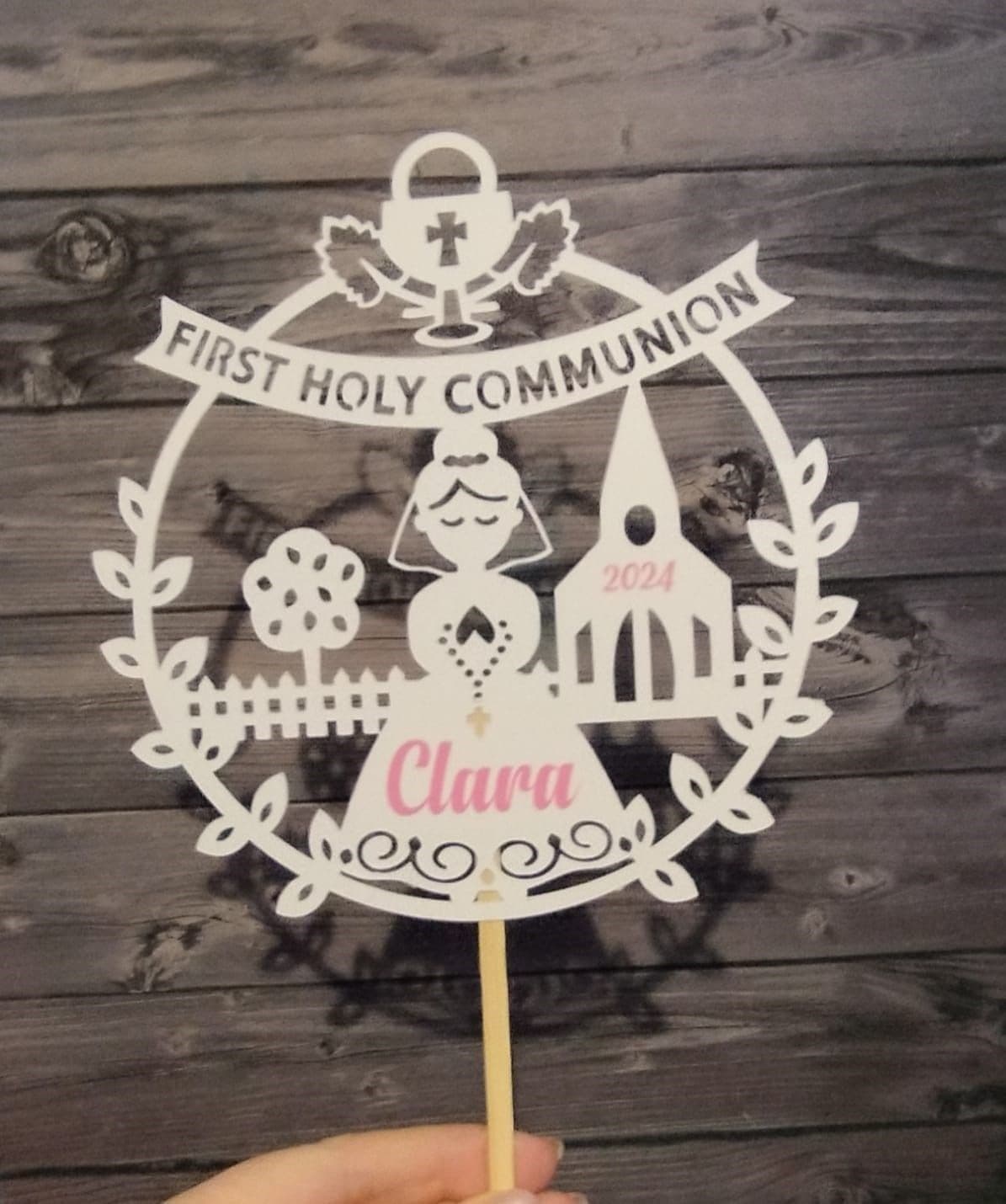 Intricate Cut Communion Standing Girl Cake Topper
